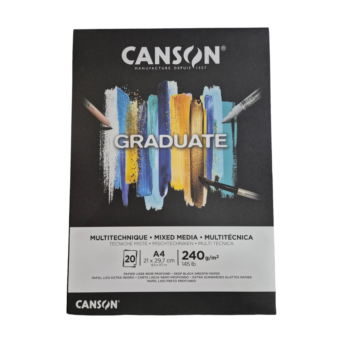 Block De Dibujo Canson Graduate Multitecnica A4 240grs 20 Hojas Papel Negro - Papelería Acuarela